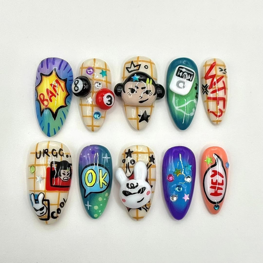 Pop Art Graffiti Press-On Nails with 3D Bunny and Comics – Lisa Nail Art