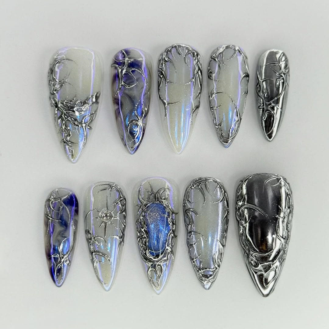 Silver Chrome Galaxy Effect Gothic Press On Nails Set – Lisa Nail Art